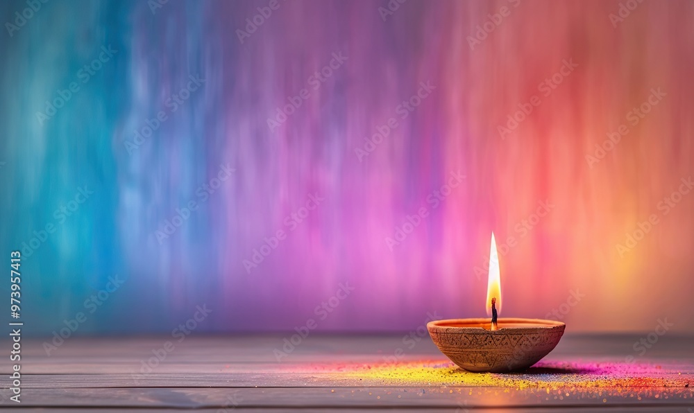 . Colorful traditional oil lamp diya .colored sand, oil lamp with fire ...