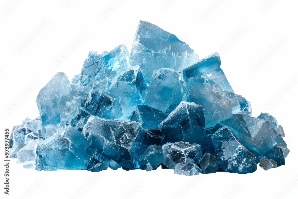 High-resolution pile of light blue ice crystals with transparent ...