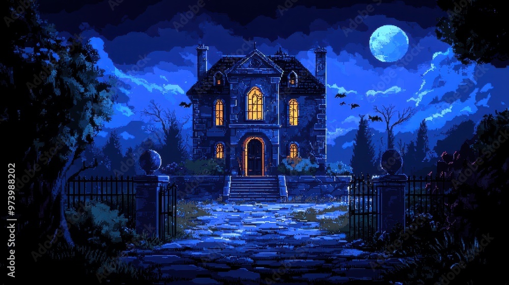 Ilustrace Retro Haunted Mansion in 8-Bit Pixel Art Style with Surreal ...