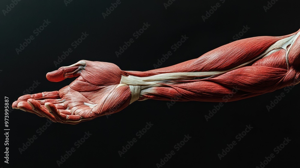 Anatomical illustration of a human arm showing detailed muscle ...