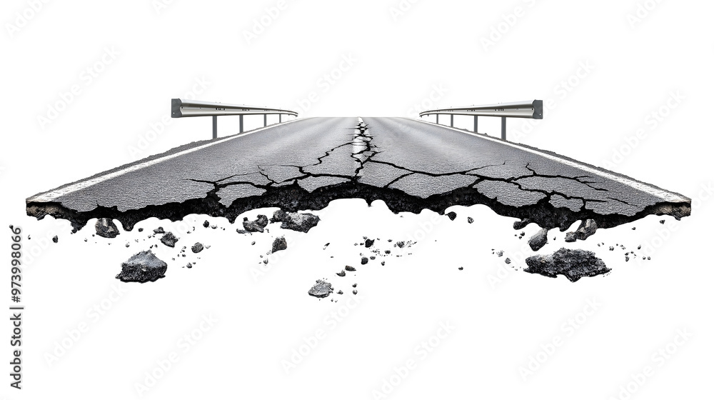 Cracked and broken asphalt road with damaged surface, isolated on white ...