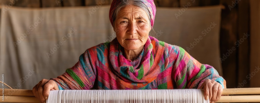 Elderly woman weaving fabric in a rustic cottage, showcasing self ...
