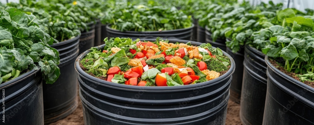 Farmers using compost from food waste to grow crops, representing ...