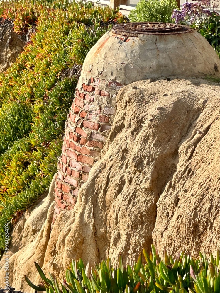 A weathered storm drain manhole with a brick base and concrete top ...
