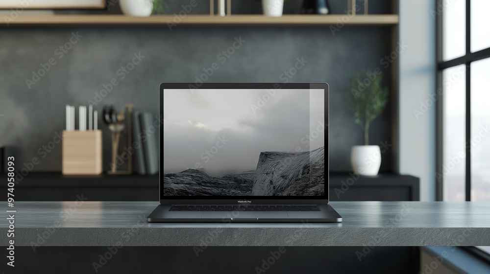 Laptop screen mockup placed on a desk, with a modern workspace setup in ...