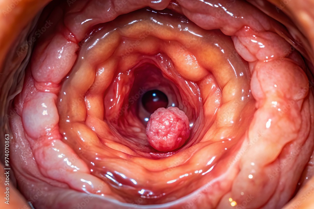 Close-up image of a colonoscopy procedure showing a benign colorectal ...