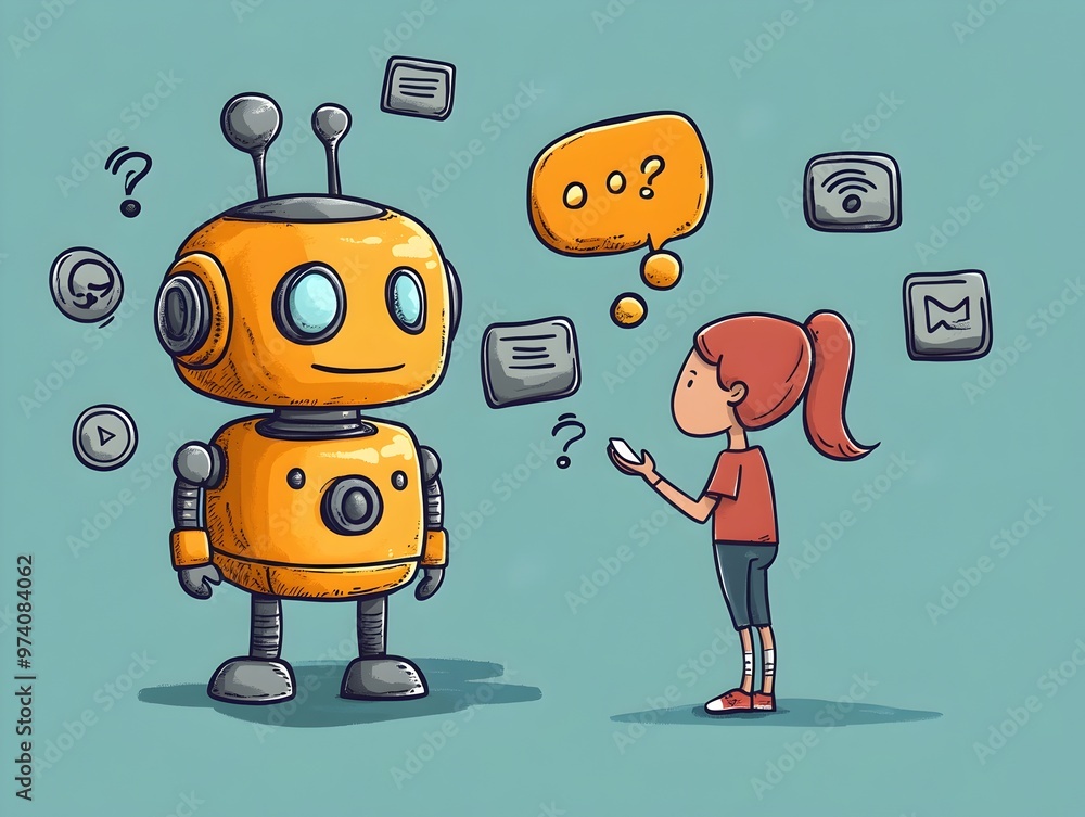 cartoon vector illustration of a man asks a question to artificial intelligence bot. message ...