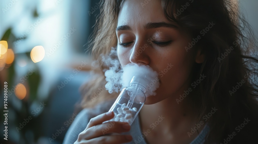Woman makes inhalation nebulizer at home. holding a mask nebulizer ...