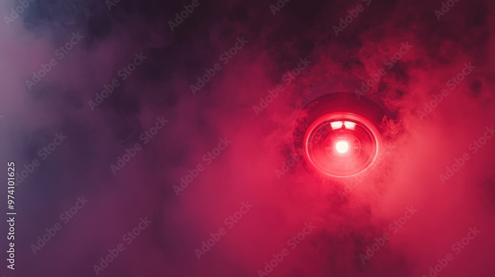 Operational smoke alarm with a flashing red light in a smoky ...