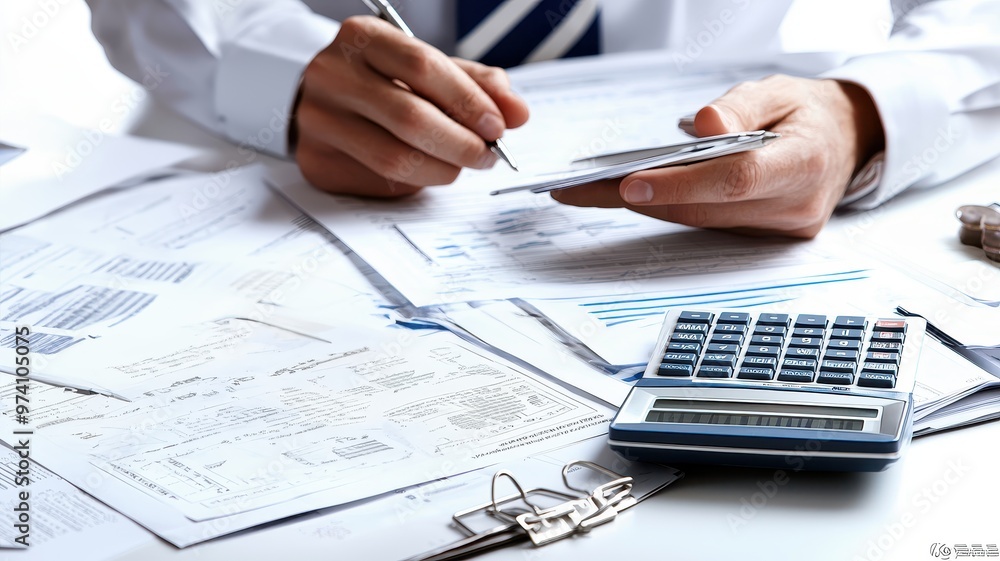 A person conducting financial calculations with a calculator, documents ...