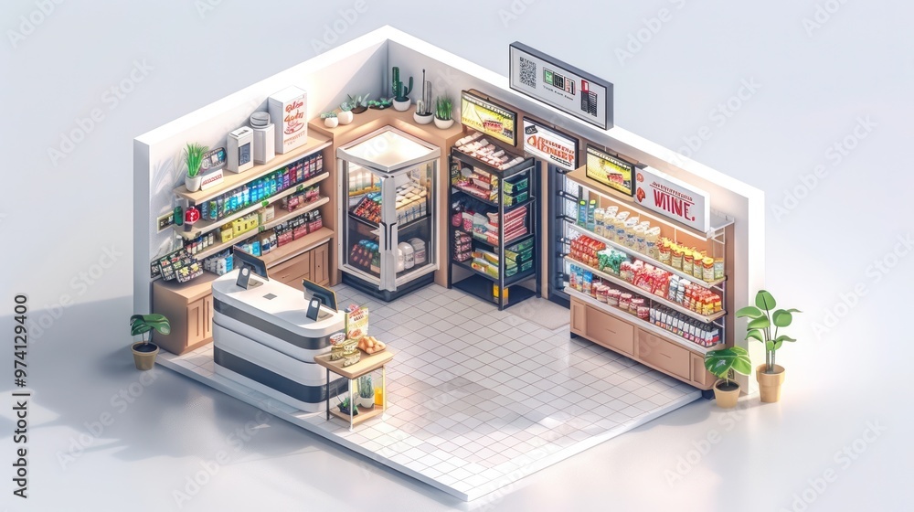 Bright and modern interior of a convenience store with organized ...