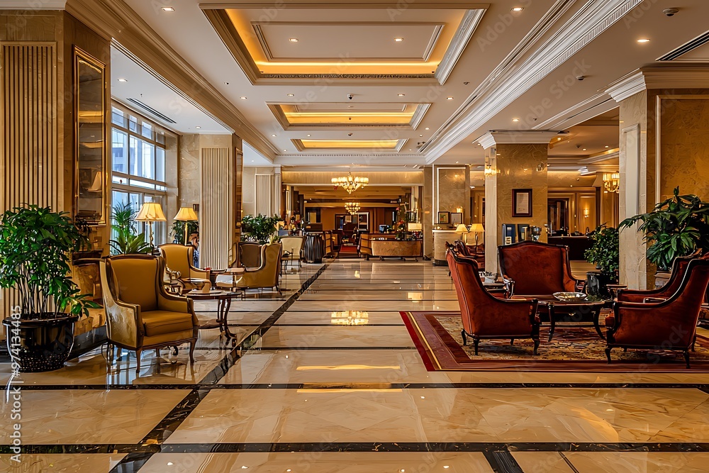 Elegantly furnished hotel lobby showcasing sophisticated design, high ...