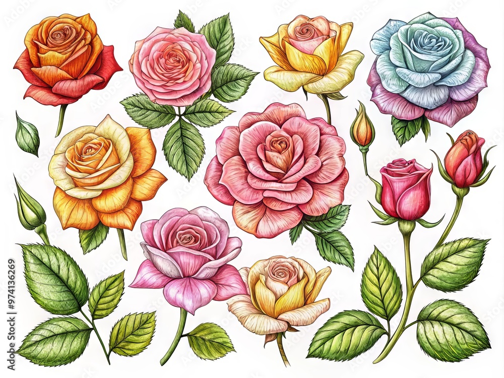 Delicate hand-drawn rose illustrations in various stages of bloom ...