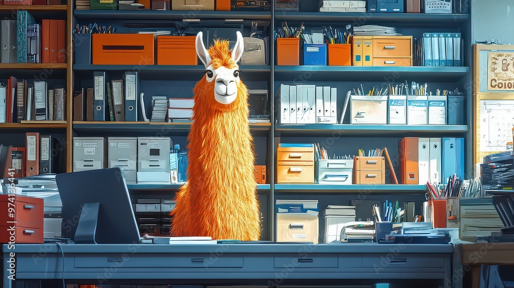 Llama standing behind desk in colorful, organized office space. A ...
