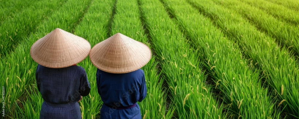 Workers in traditional hats harvesting rice by hand in lush green ...