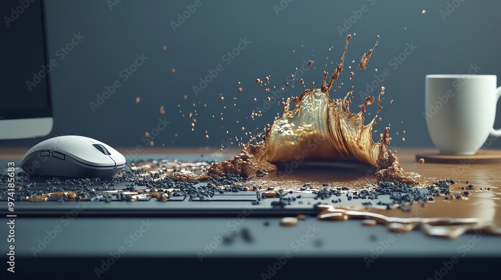 Coffee spills on a computer mouse and keyboard, causing a messy ...