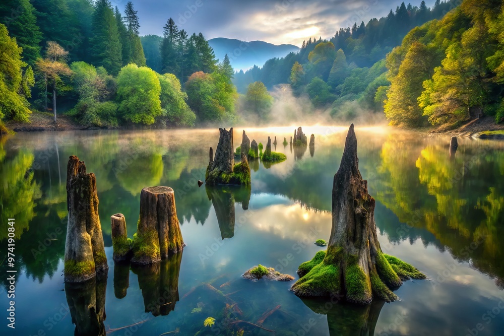 Fossilized tree trunks and ancient remains entombed in a dark, mirror ...