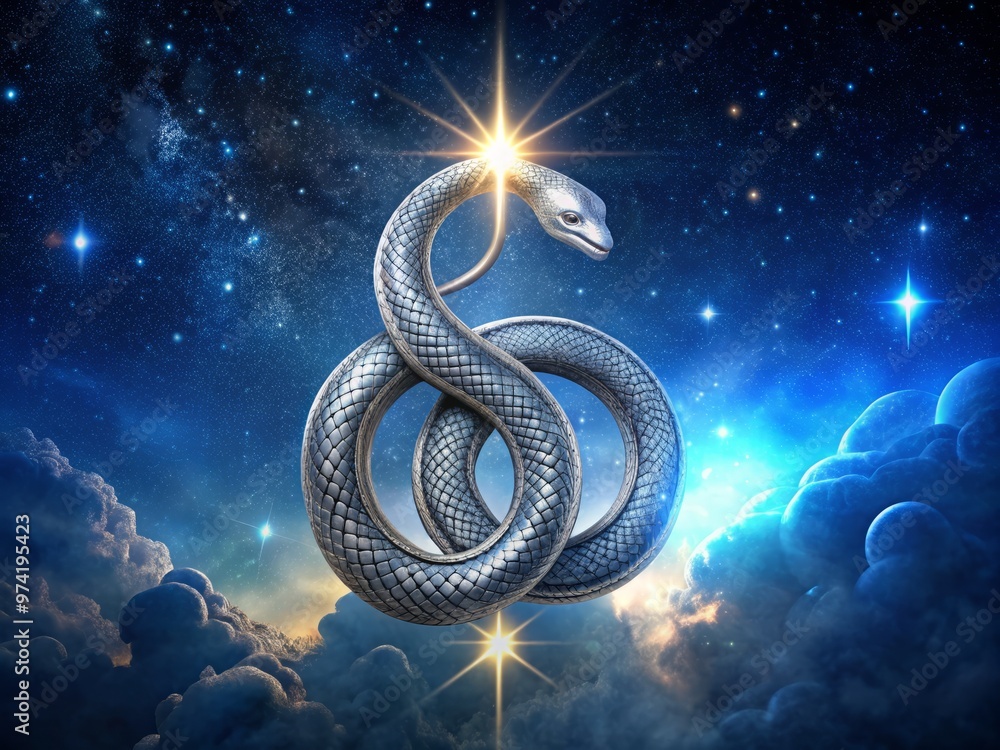 Glowing silver serpent bearer symbol on a dark blue starry night sky ...