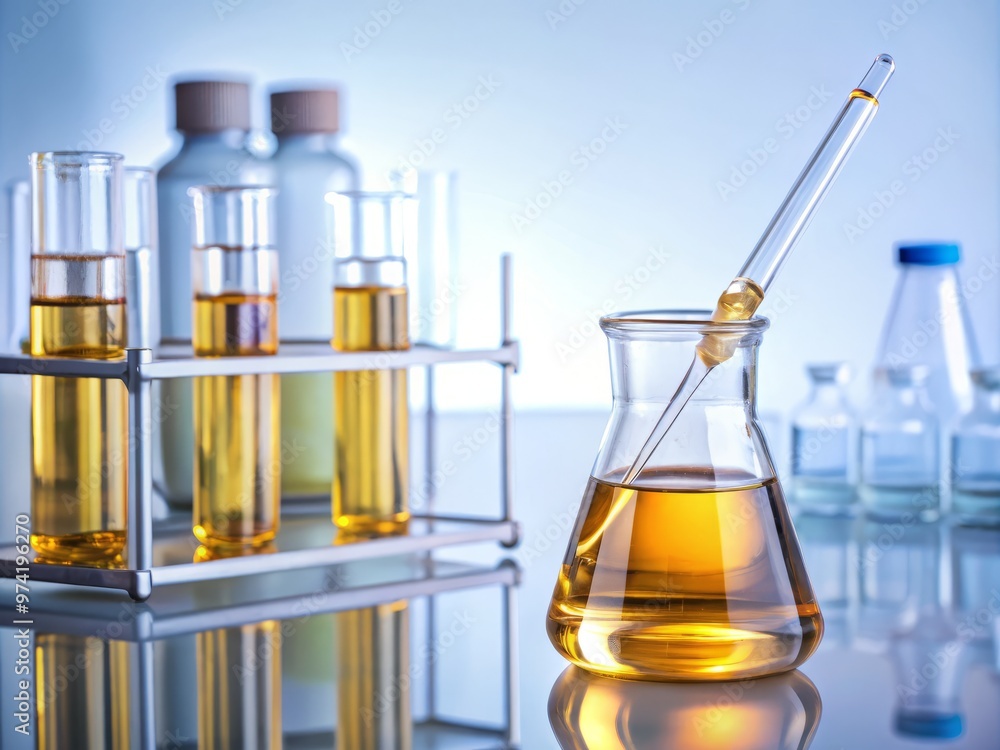 Golden liquid dihydroxyacetone solution poured into a small glass vial ...