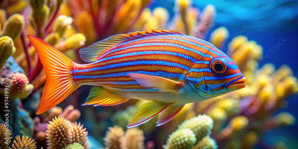 A vibrant reineta fish, characterized by its bright orange and blue ...