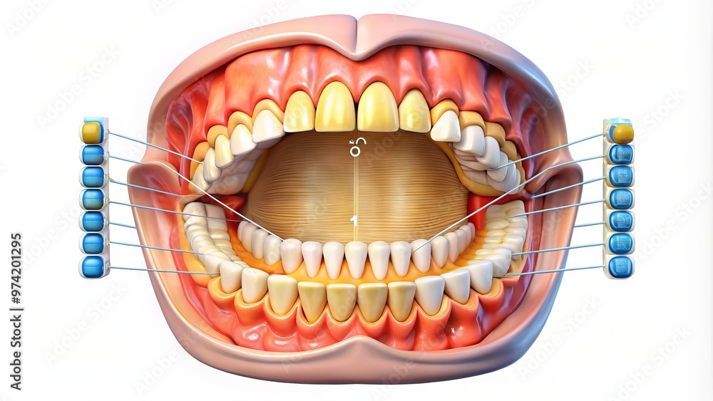 Illuminated dental diagram showcasing numbered teeth, gums, and jawbone ...