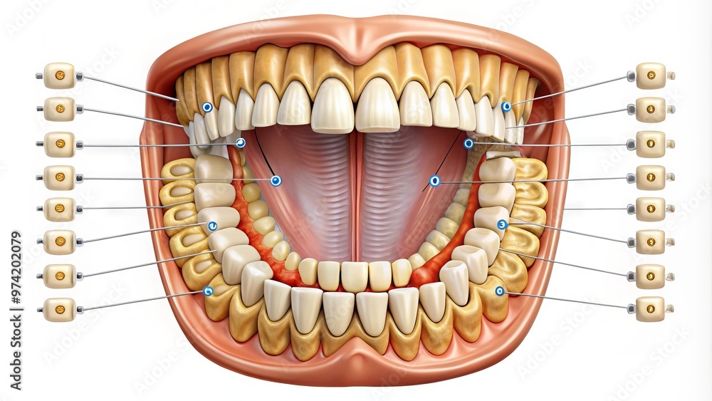 Illustrated dental anatomy diagram showing permanent teeth layout ...