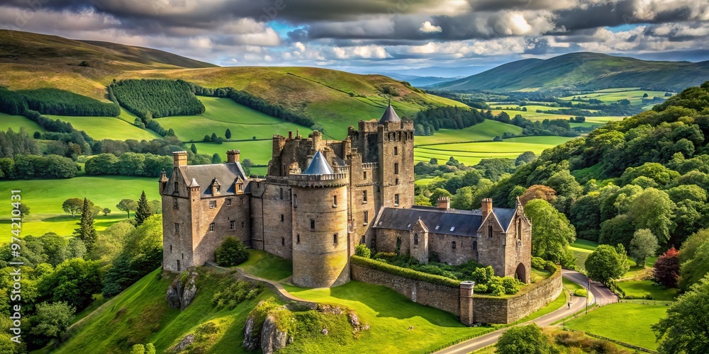 Majestic 15th-century Scottish castle situated amidst rolling hills and ...