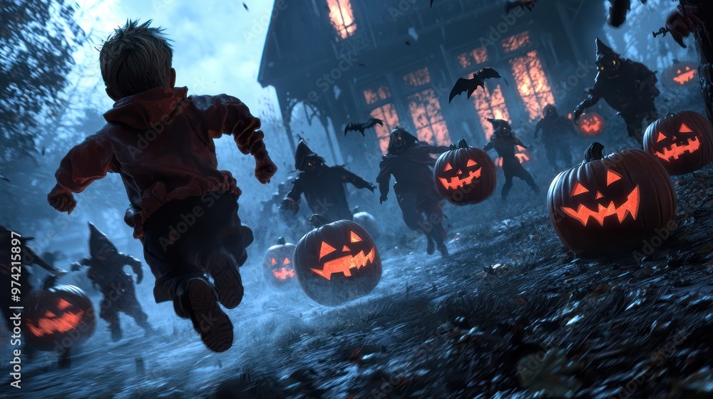 Spooky Halloween Fun: Kids in Costumes Running Through 3D Haunted House ...