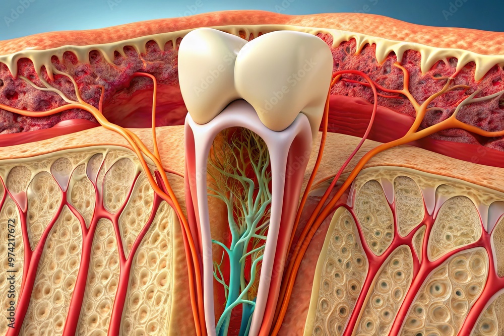 Microscopic illustration of a tooth's periodontal ligament, showcasing ...