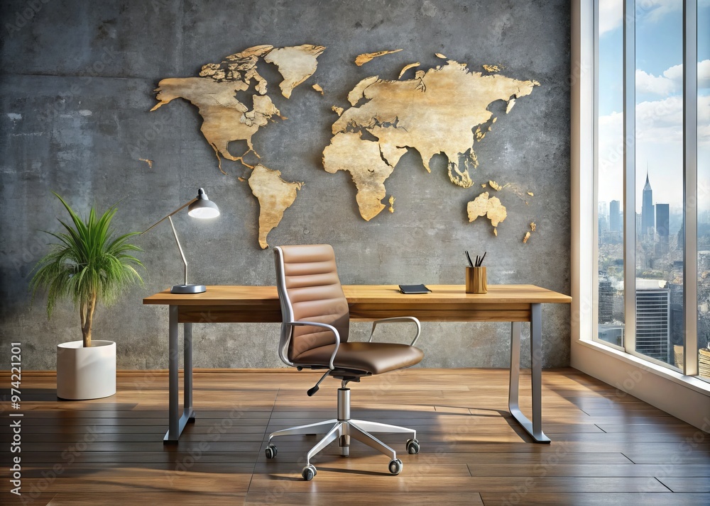 Modern minimalist interior with sleek wooden desk, ergonomic chair, and ...