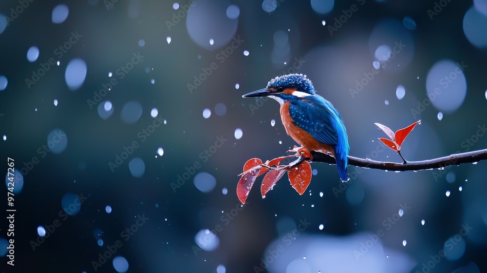 A blue-orange bird perches on a tree branch amidst snowfall Snowflakes ...