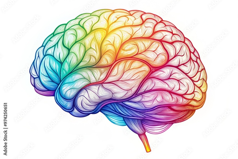 Simple, illustrative outline of the human brain, featuring prominent ...