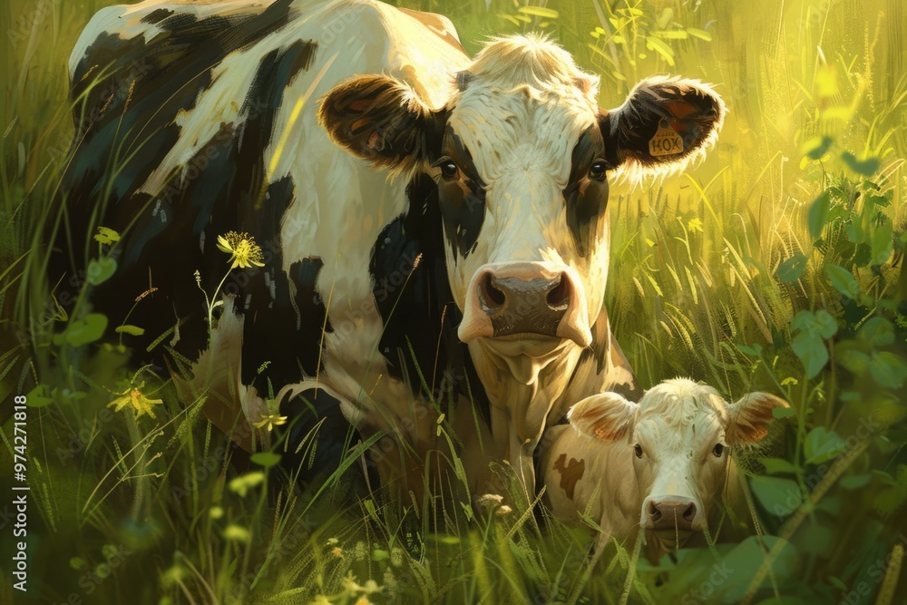 A cow depicted as a symbol of motherhood and nurturing, representing ...