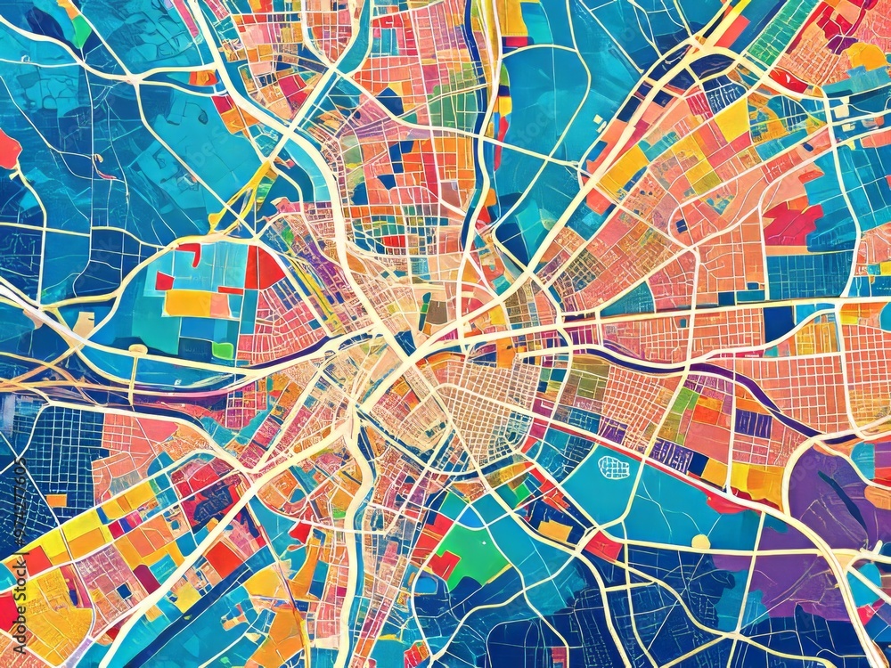 Vibrant color map of Atlanta, Georgia, highlighting major roads ...