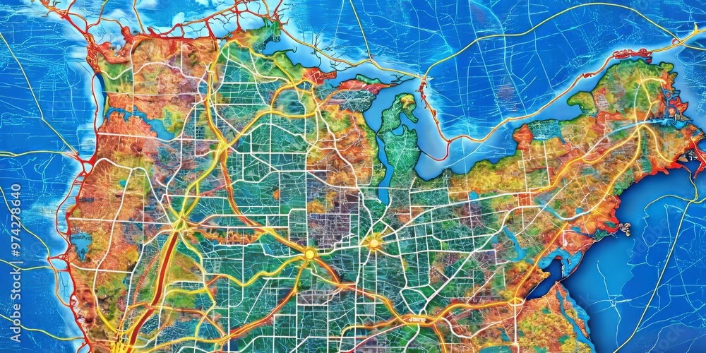 Vibrant colors highlight major roads, interstates, and scenic byways on ...