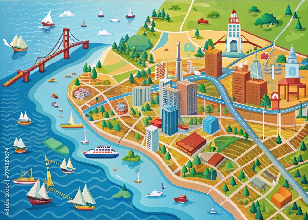 Vibrant digital illustration of the San Francisco Bay Area map ...