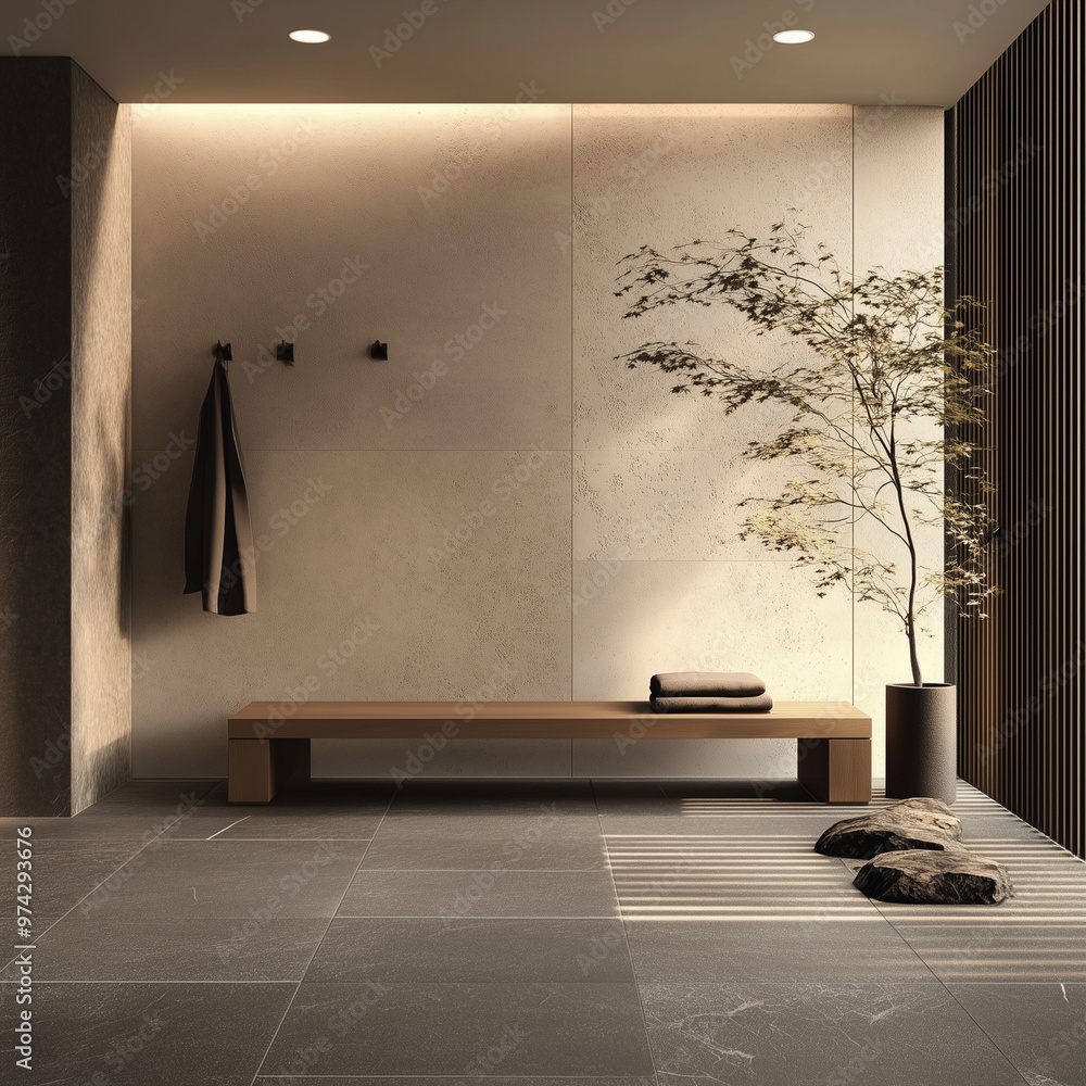a Japanese-inspired genkan featuring minimalist design Wabi-Sabi ...