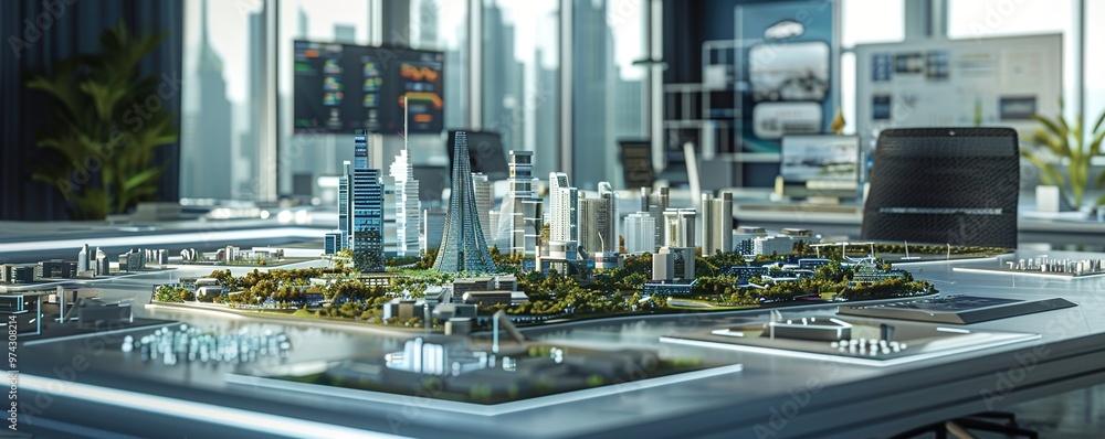 A futuristic AI-driven urban planning office where virtual models of ...