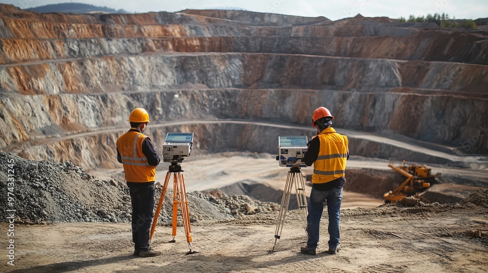 Workers at a copper mine use surveying techniques to measure and map the open pit mine, ensuring ...