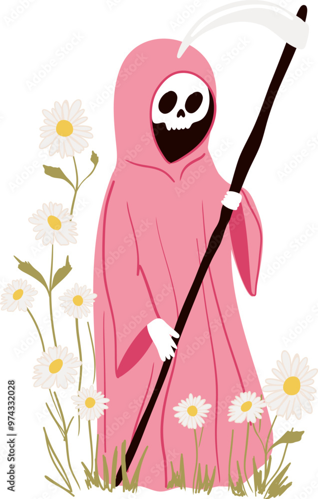 Cute grim reaper in pink robe with scythe among daisies. Skeleton death ...