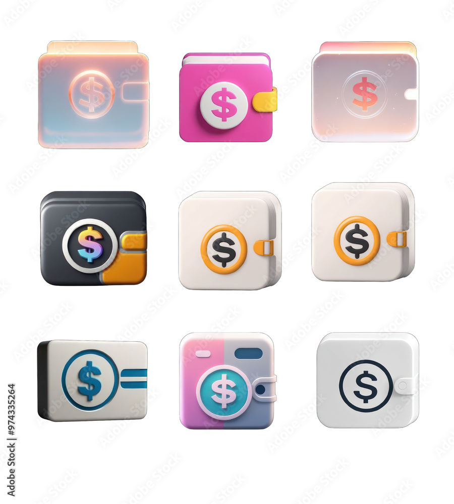 Icon collection Diverse set of wallet icons representing finance, money ...
