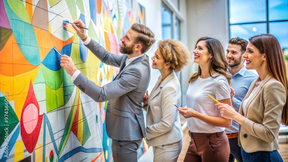 Group of businesspeople creating a colorful mural on a wall during a ...
