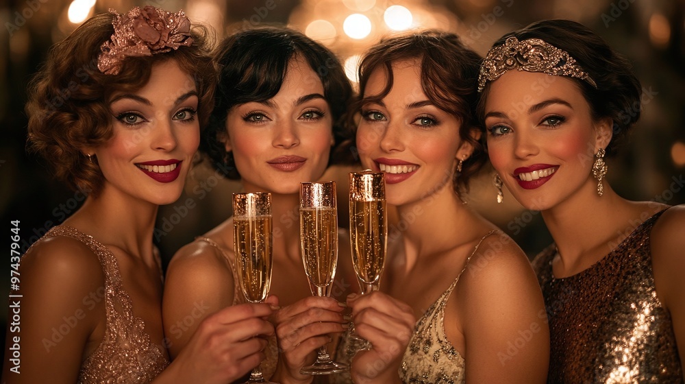 glamorous flappers enjoying champagne at a vintage Gatsby-themed party ...