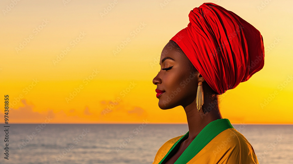 a Jamaican beach scene at sunset with a Rastafarian woman wearing a red ...