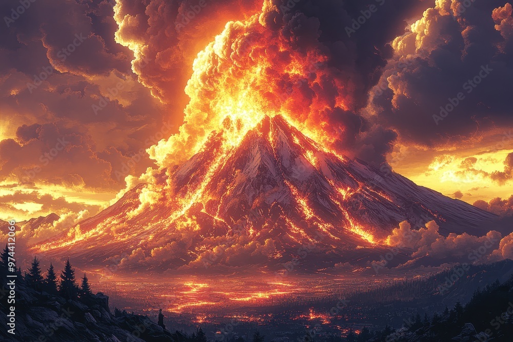 Retro Pixelated Volcano Summit with Fiery Colors and Flowing Lava ...