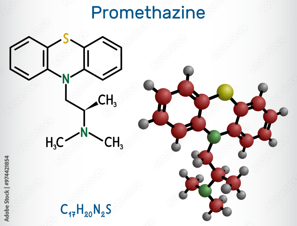 Promethazine antihistamine drug molecule. Structural chemical formula ...