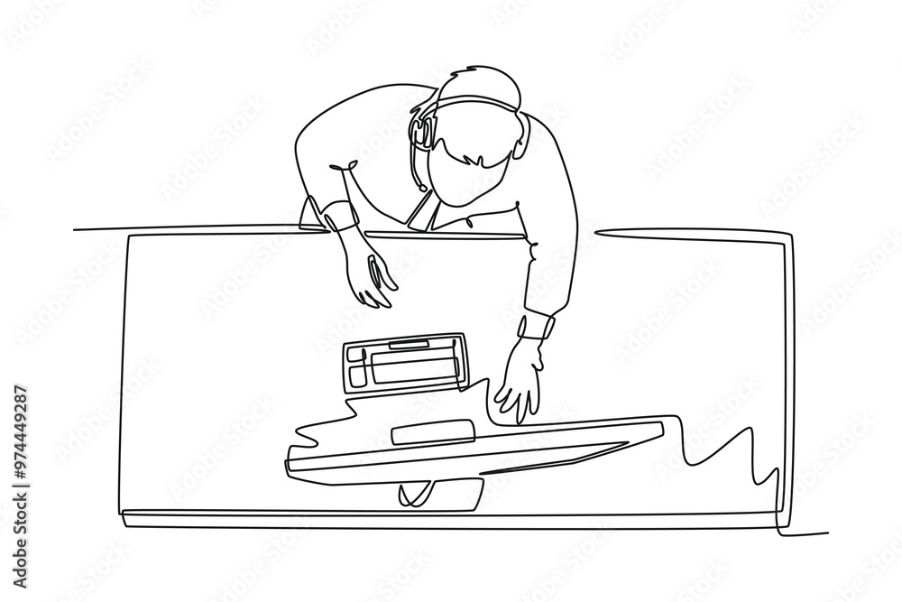 Single one line drawing top view male customer service listening ...