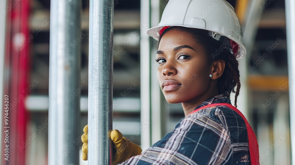 Visualize a woman construction worker setting up scaffolding, showing ...