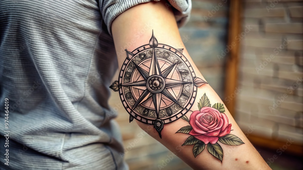 A delicately inked compass rose tattoo on a woman's forearm, with ...