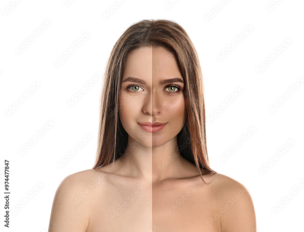 Collage with photos of beautiful young woman before and after solarium ...